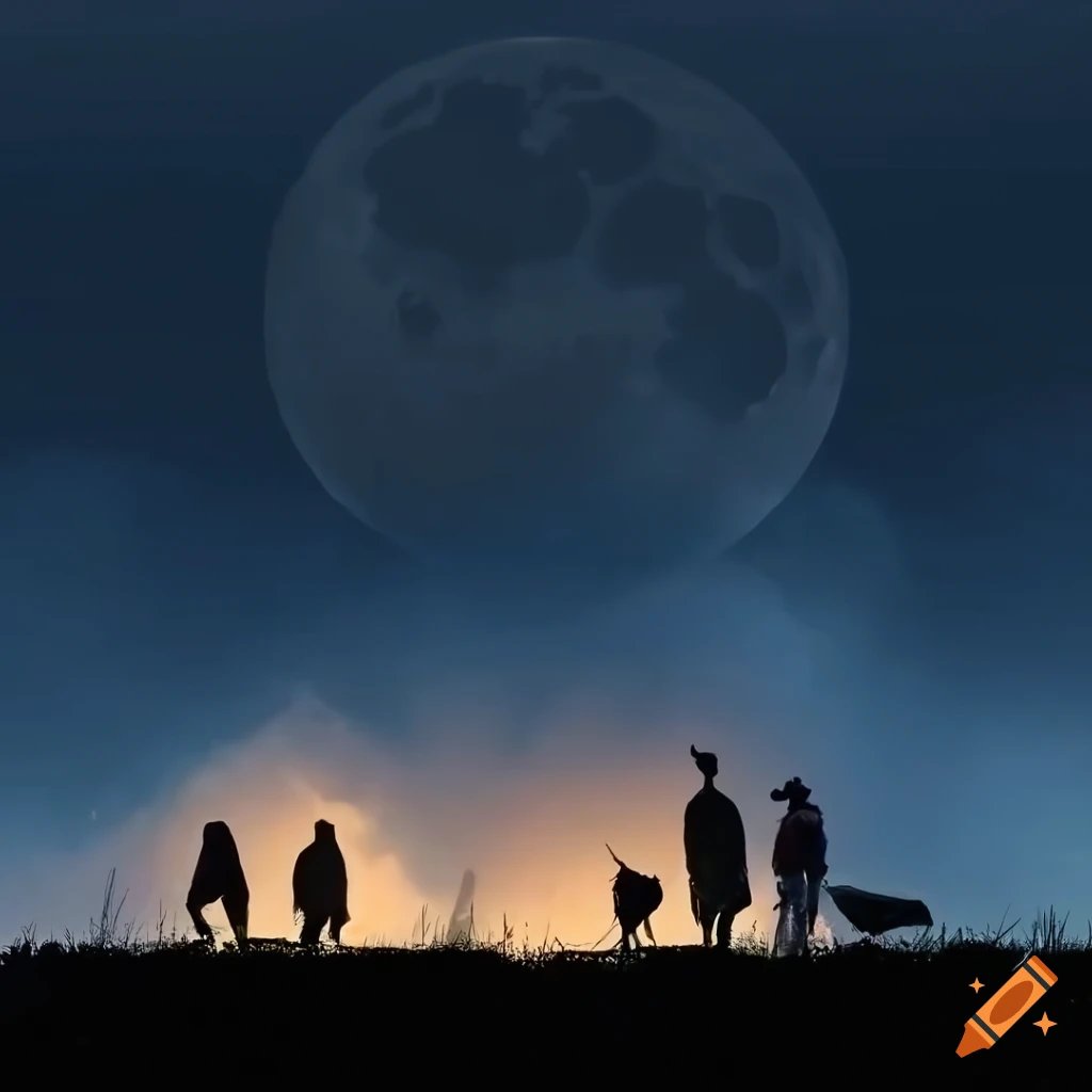 Artistic depiction of farmers walking with a dog under a big moon on ...