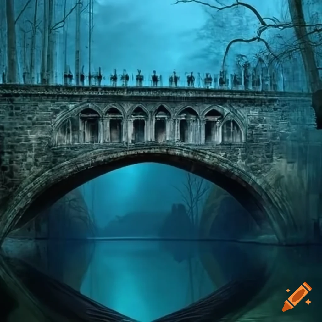 Impressive gothic-style bridge over a powerful river