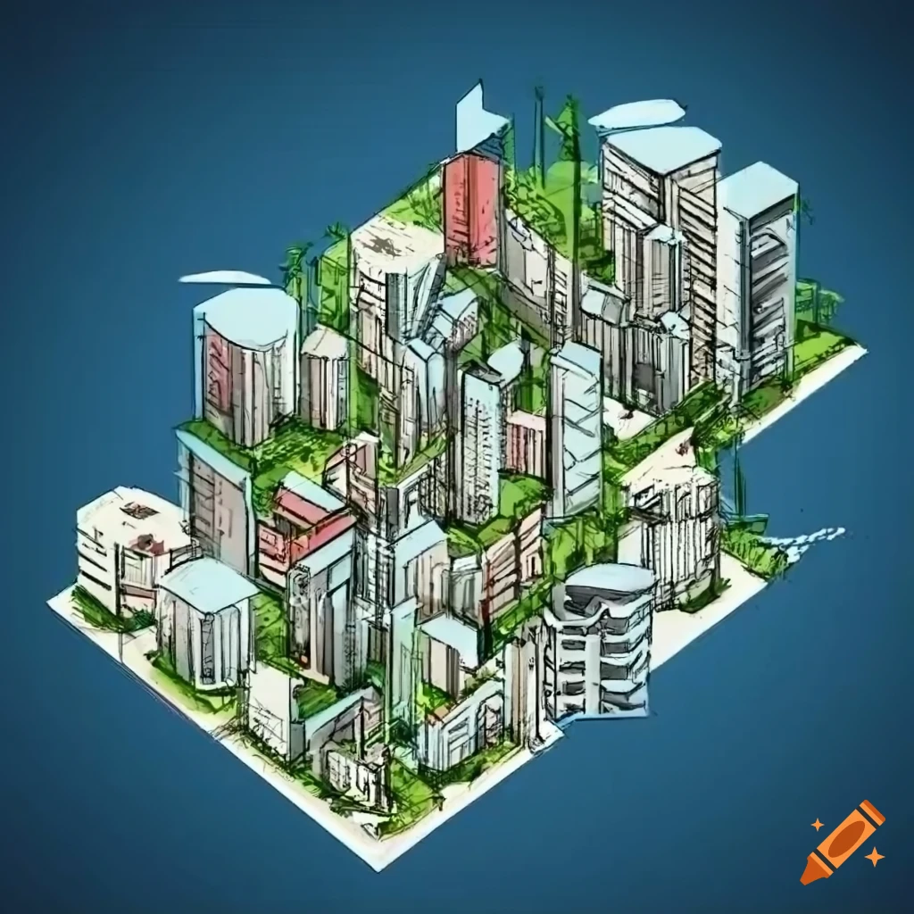 Conceptual sketch of city infill development on Craiyon