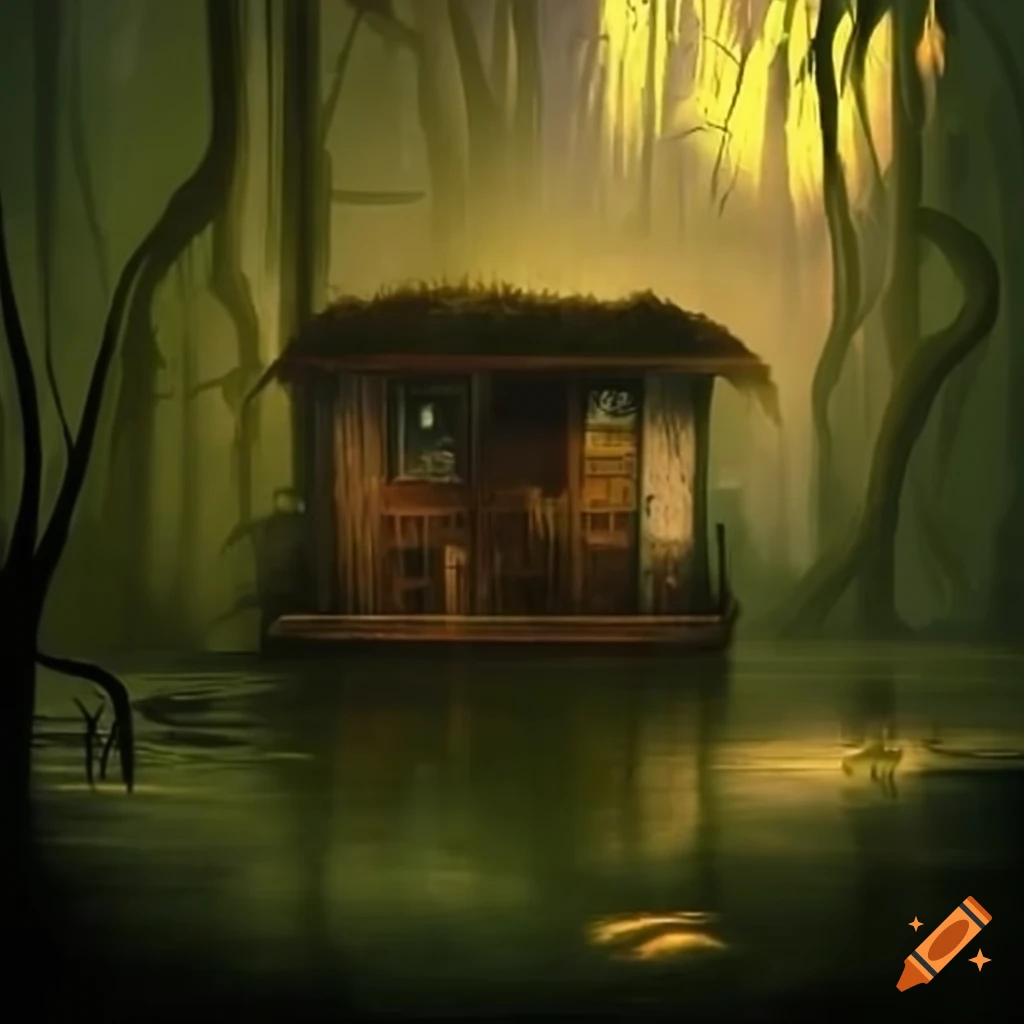 Front view of a haunted shack in a twisted swamp on Craiyon