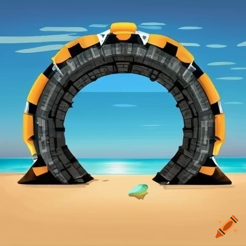 Cartoon rendering of a black stargate on the beach on Craiyon