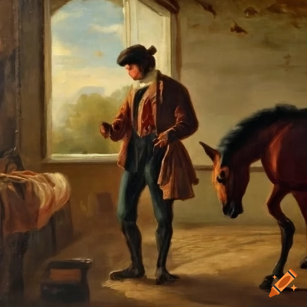 Oil painting of man and horses at a stable on Craiyon