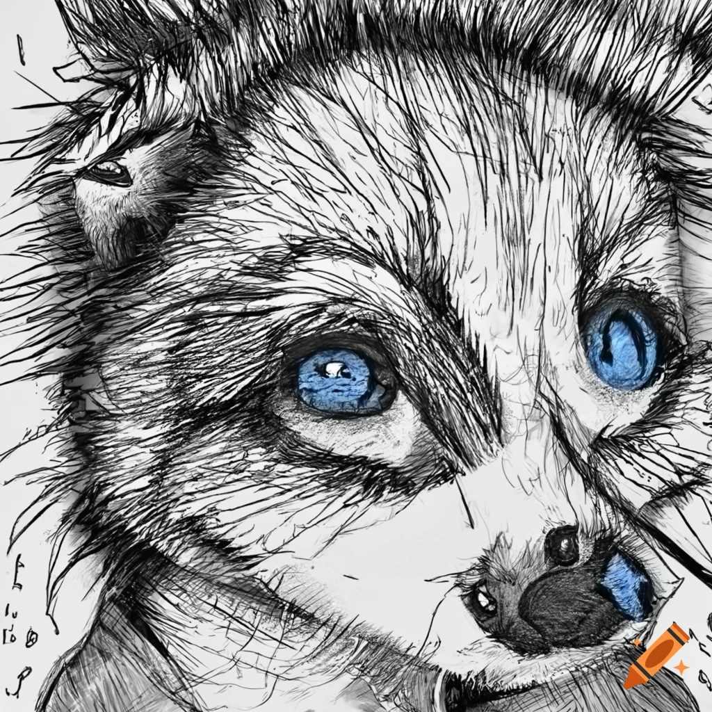 Grunge punk art sketch of a raccoon with blue eyes on Craiyon