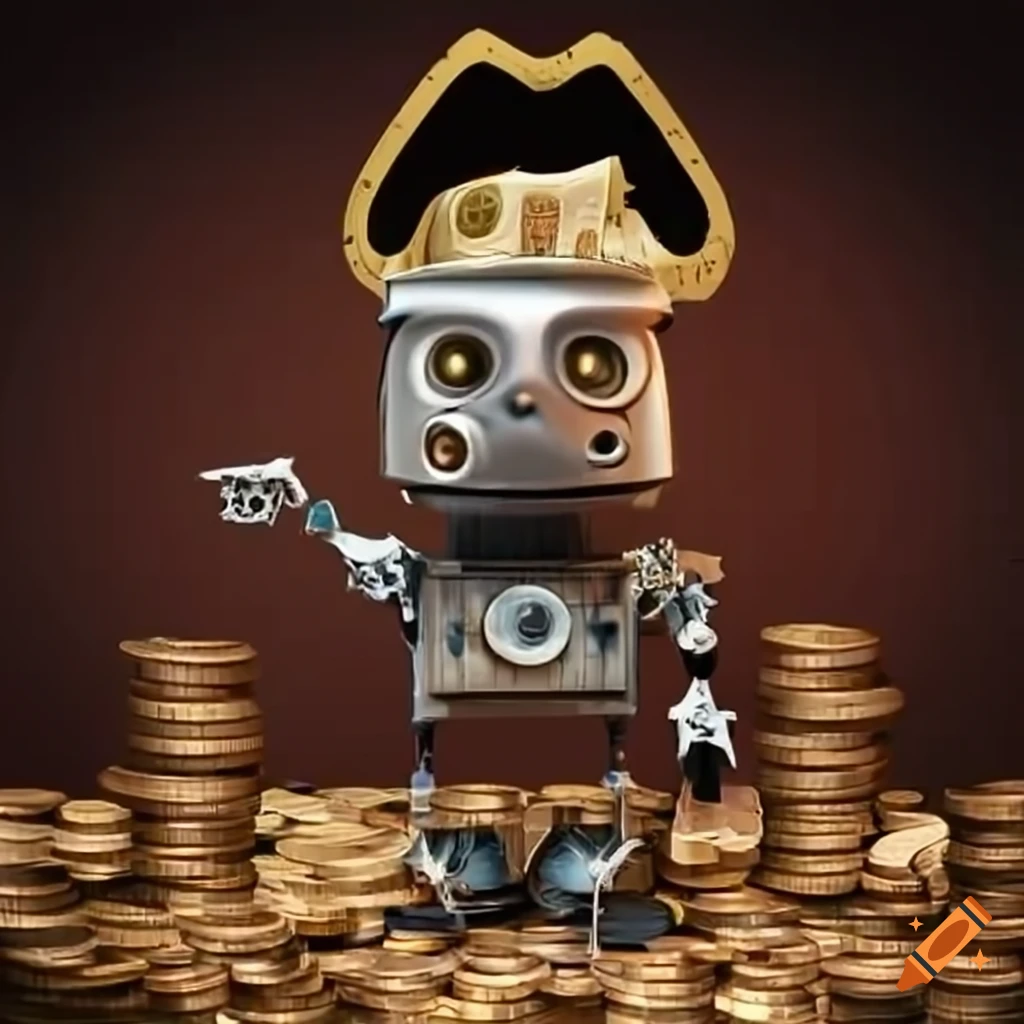 A cartoon robot is holding digital currency on Craiyon