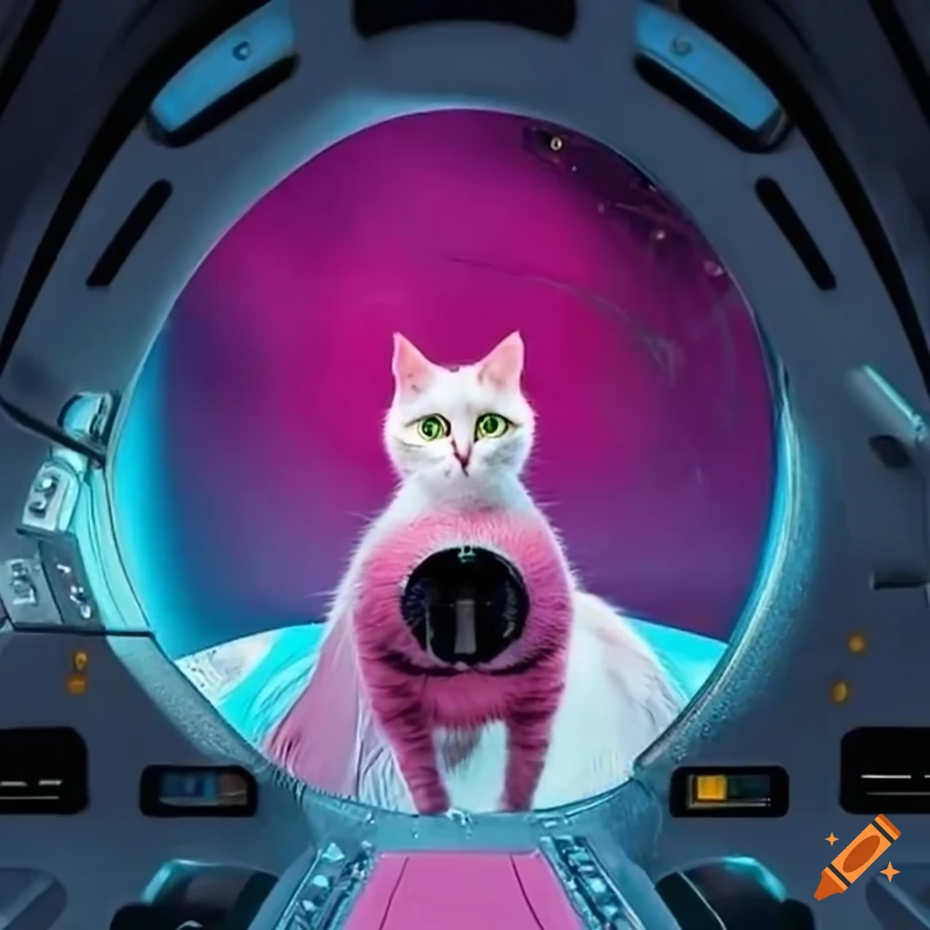 White cat piloting a spaceship in a pink outfit on Craiyon