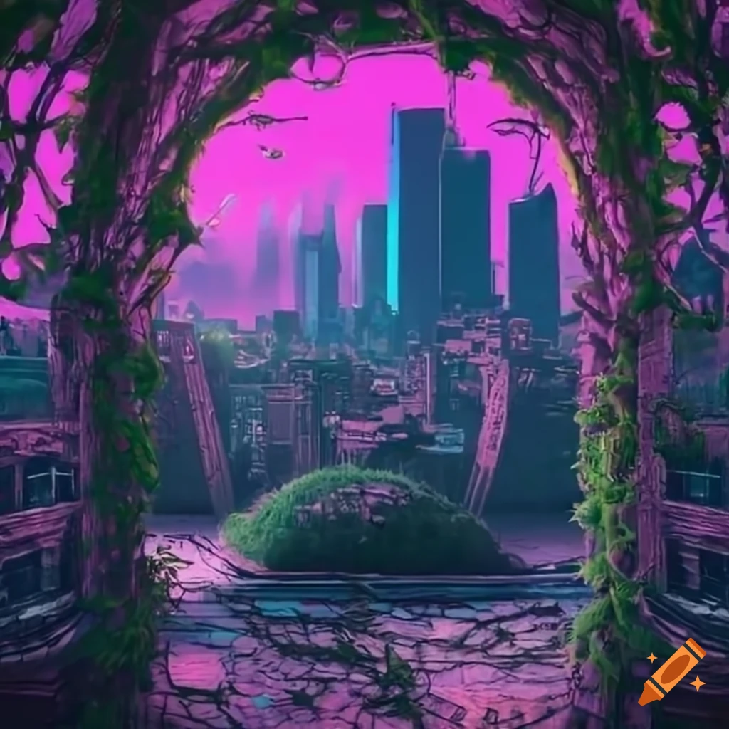 Synthwave city consumed by nature on Craiyon