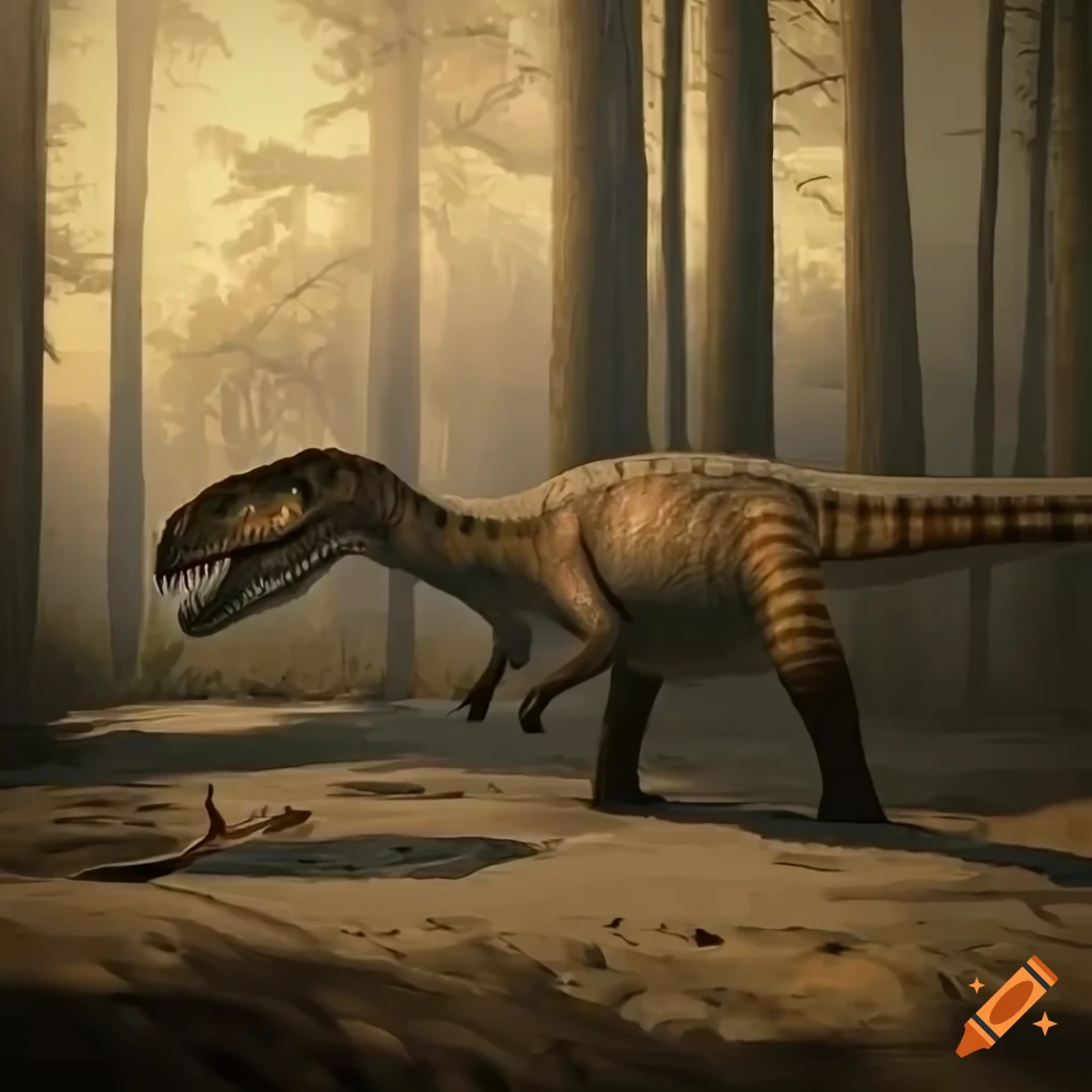 Striped hadrosaurus dinosaurs near a forest lake in cold morning light ...