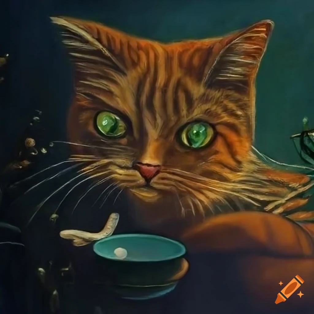 Surreal painting of cats having tea on Craiyon
