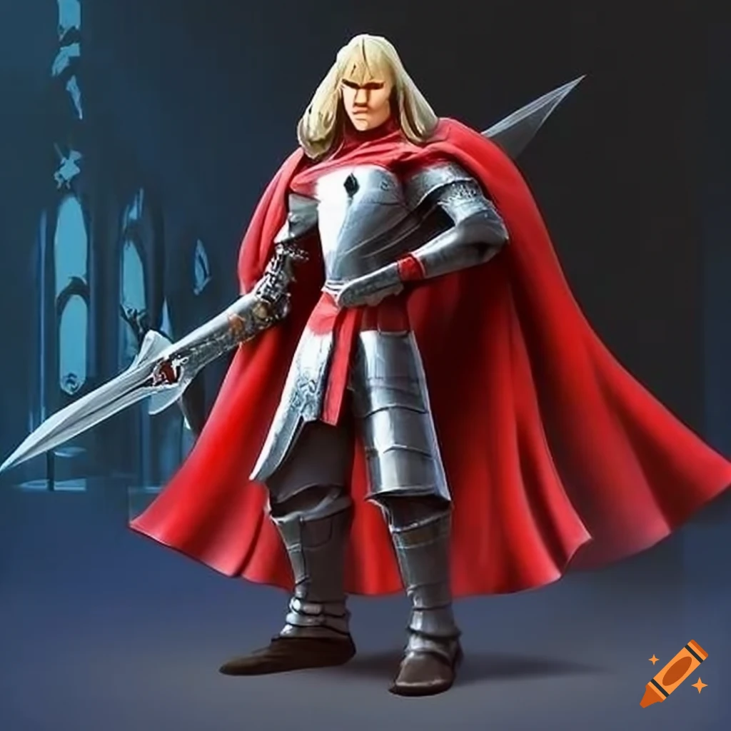 Illustration of Ken Masters as a red armored knight with a sword on Craiyon