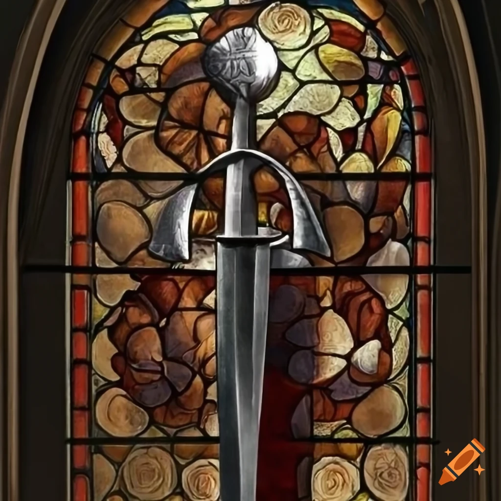 Stained glass depiction of a medieval broadsword with white roses on ...