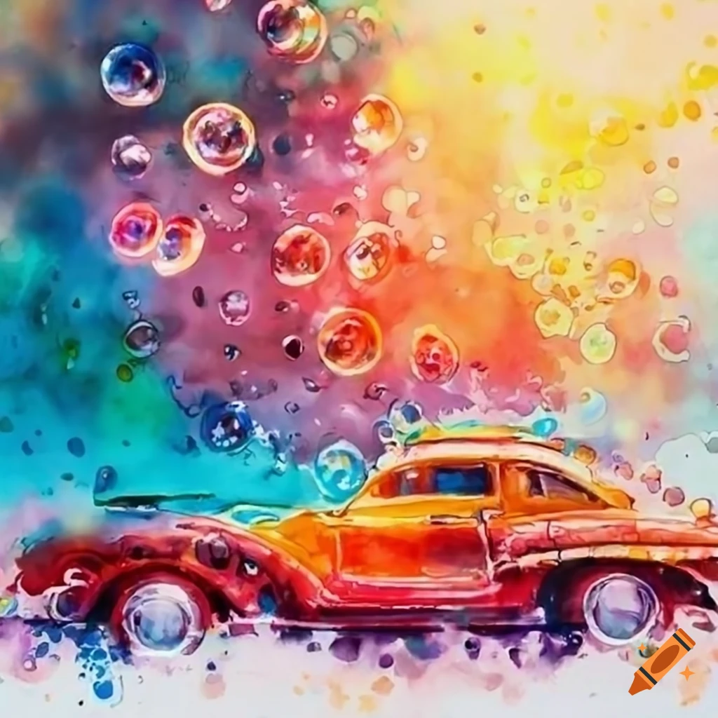 Colorful watercolor of toy cars and bubbles on Craiyon