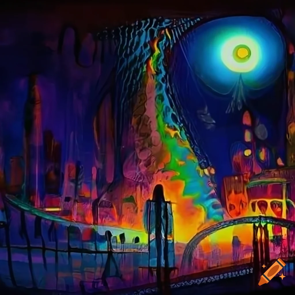 Abstract artwork of a psychedelic dirigible on a night city bridge on ...