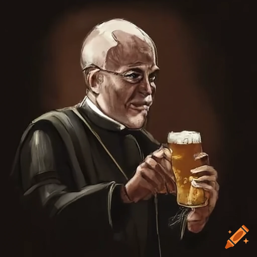 Priest raising a pint of beer in celebration on Craiyon