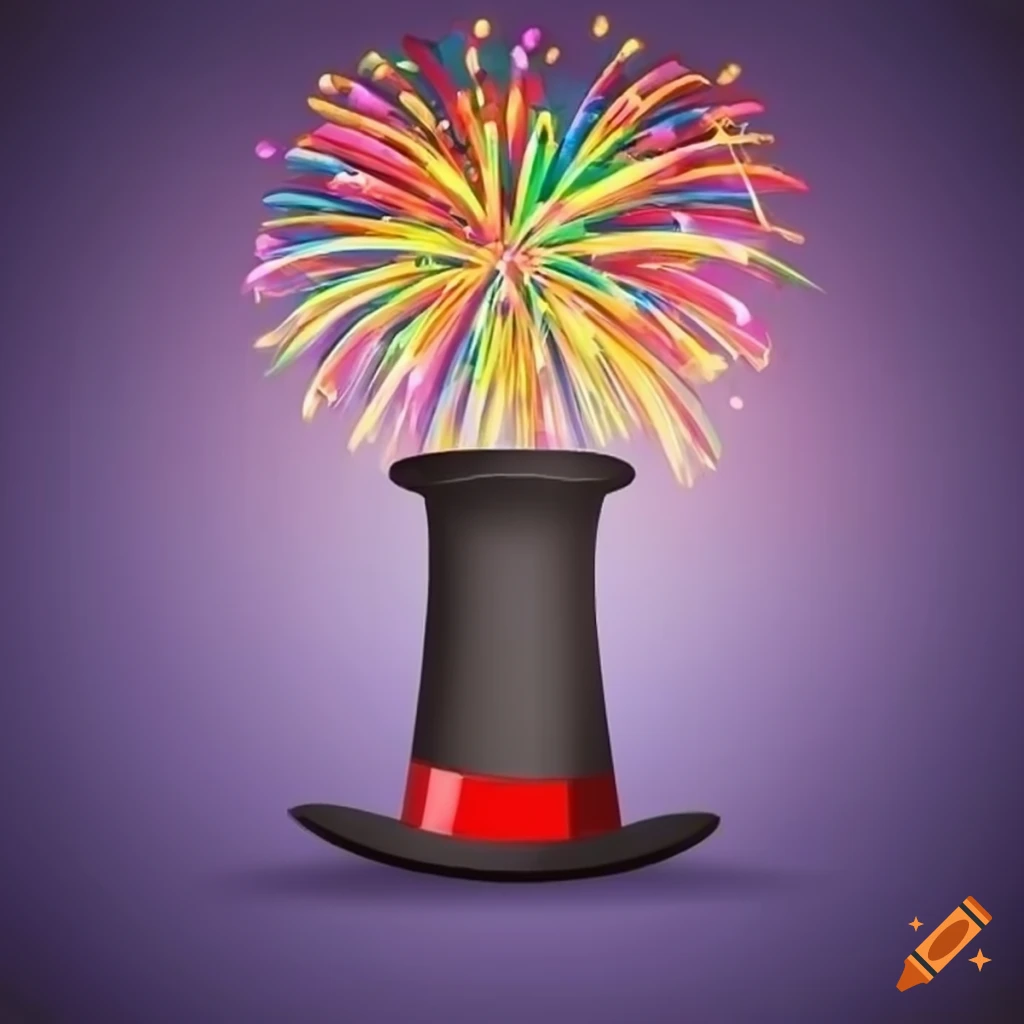 Colorful fireworks bursting from a magician's hat on Craiyon