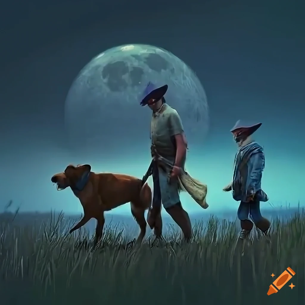 Artistic depiction of farmers walking with a dog under a big moon on ...