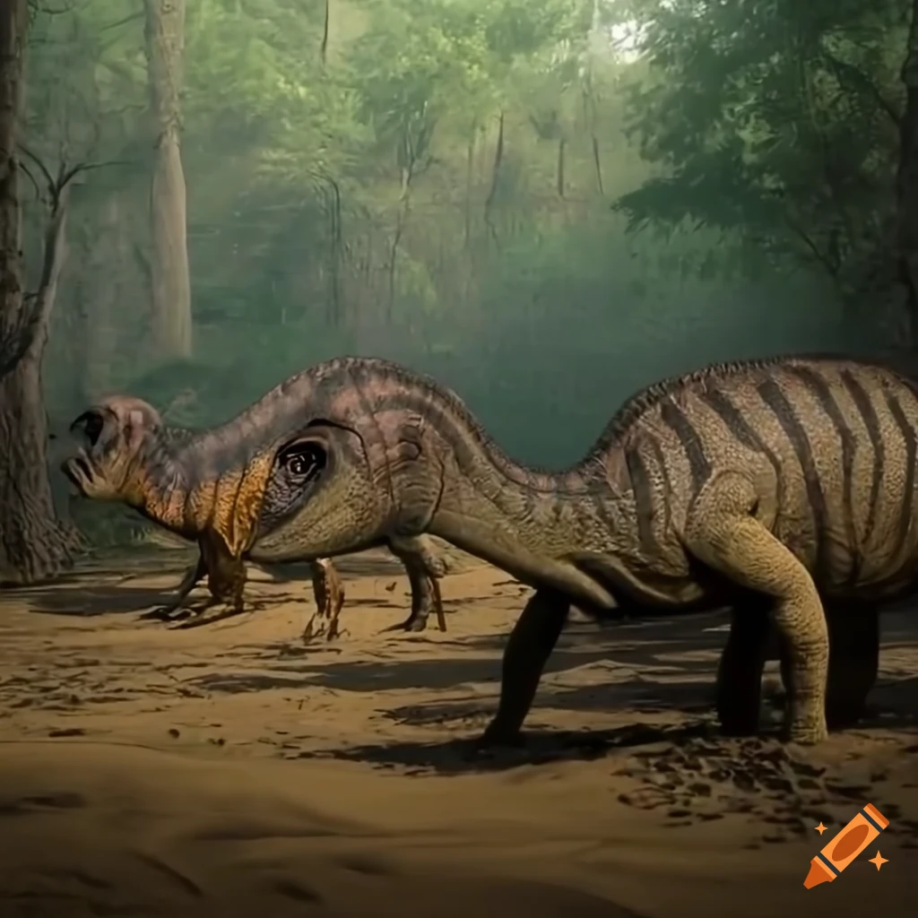 Striped hadrosaurus dinosaurs by a forest lake in cold morning light on ...
