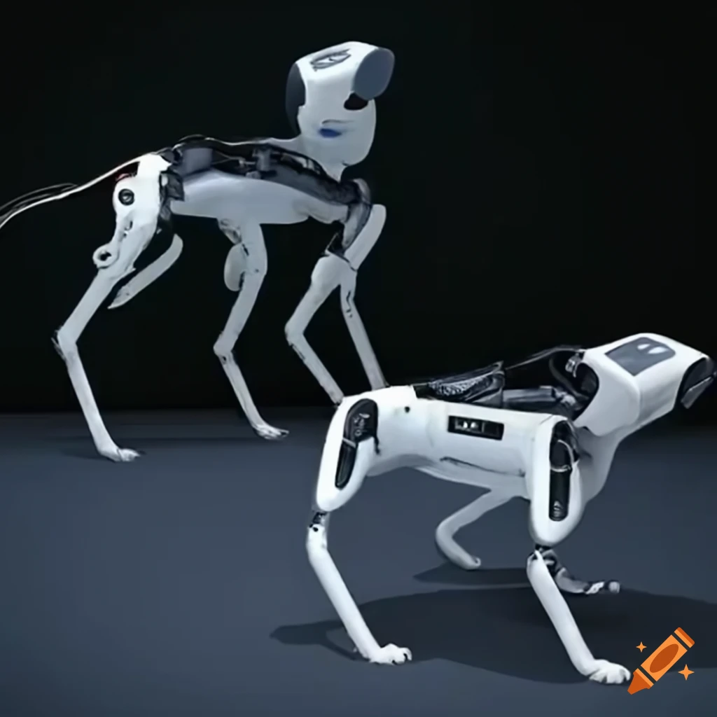 Drawing of futuristic robotic limbs integrated with a dog's body on Craiyon