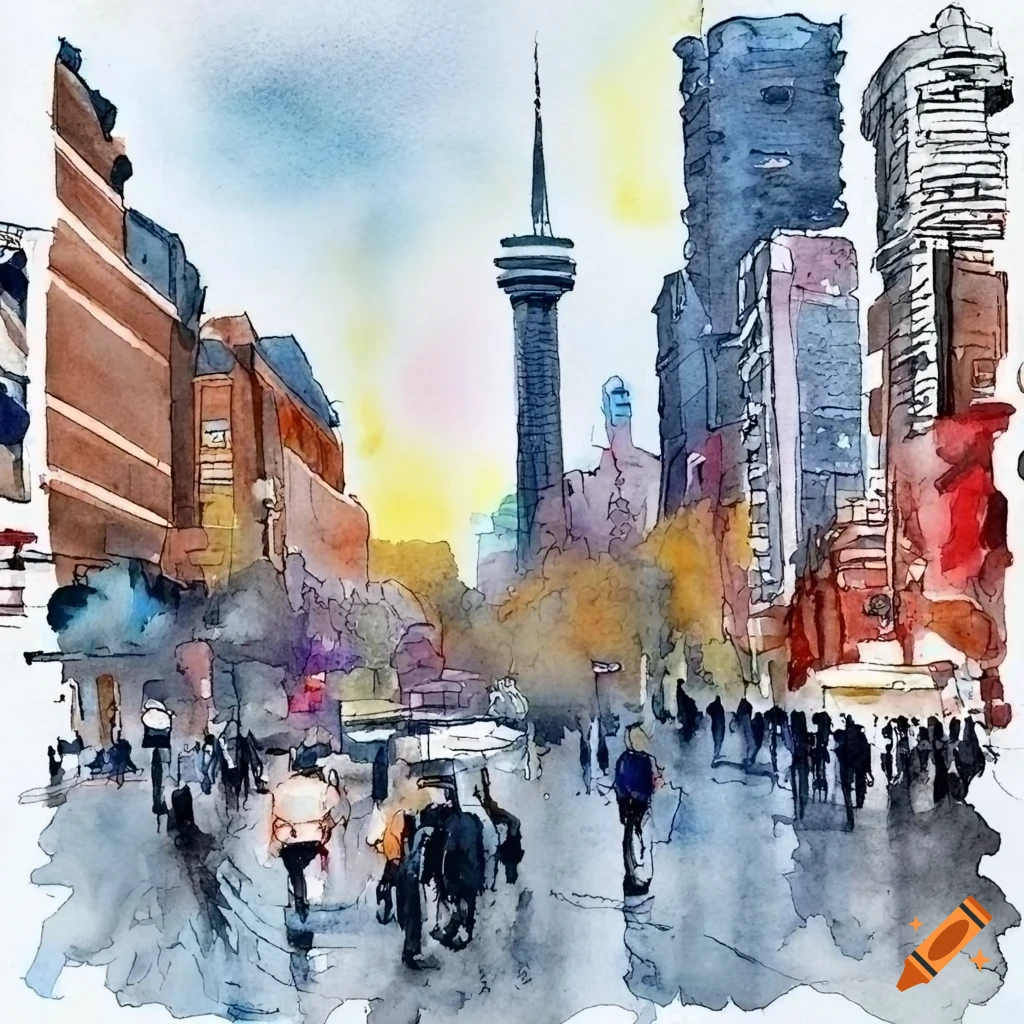 Watercolor and ink artwork of toronto skyline