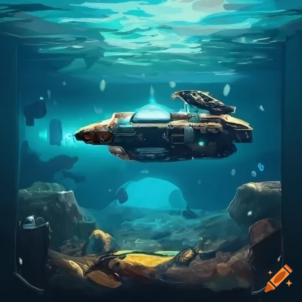 Game poster of a spaceship underwater on Craiyon