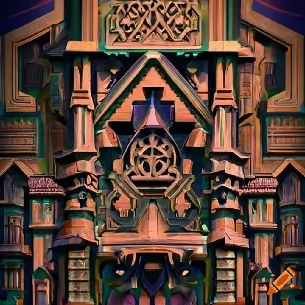 Detailed architectural carving in a zelda game style
