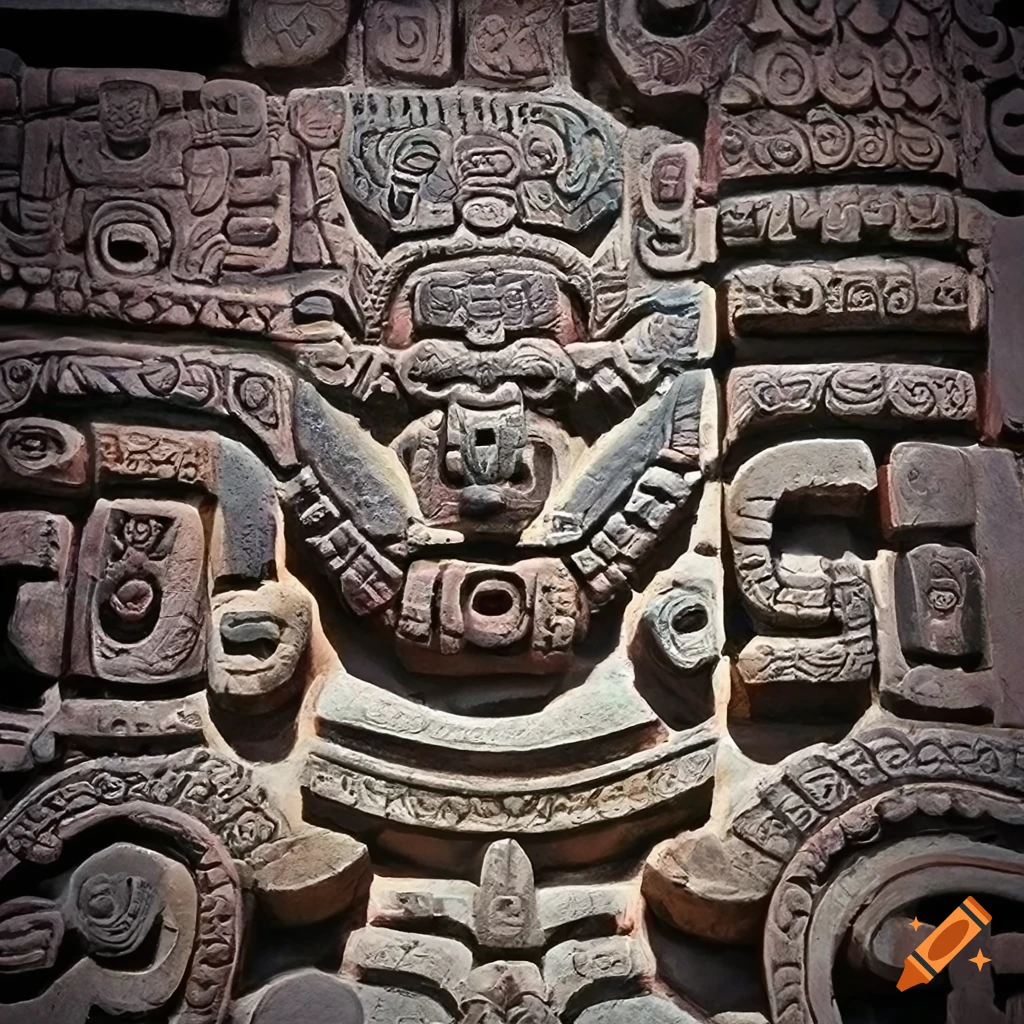 Mayan architectural stave carving artwork with vibrant details on Craiyon