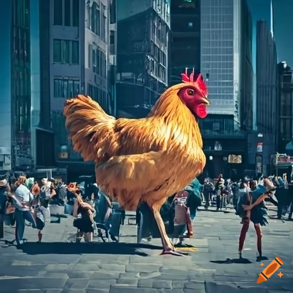 Satirical image of a giant chicken in a city