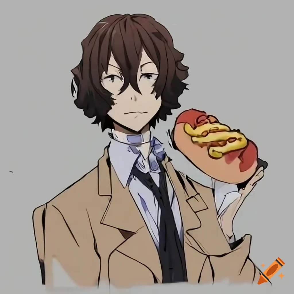 Osamu Dazai from Bungo Stray Dogs holding a hot dog on Craiyon