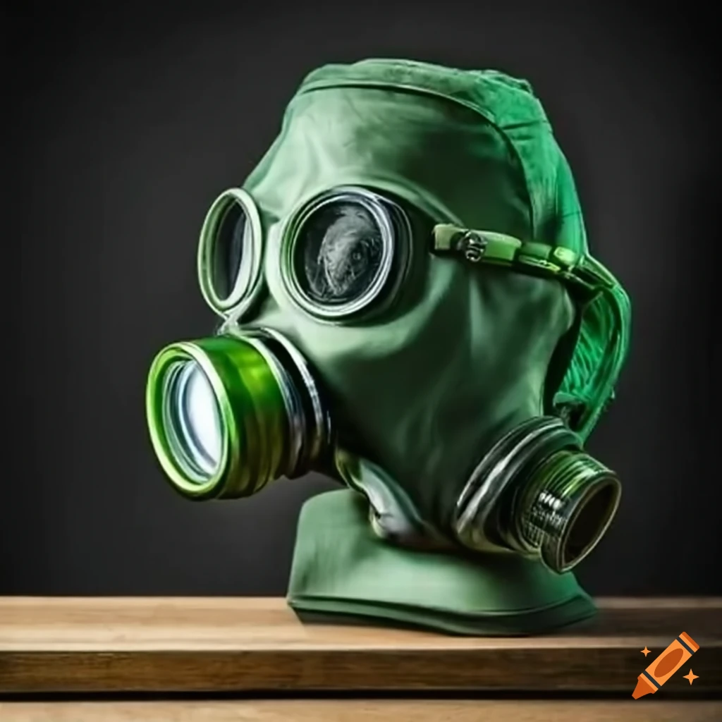 Green gas mask with filter on table on Craiyon