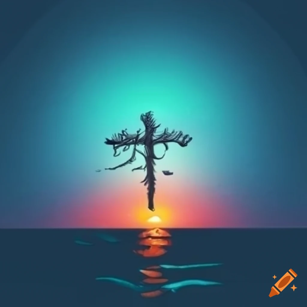 Pencil sketch of a cross at sunset on the sea on Craiyon