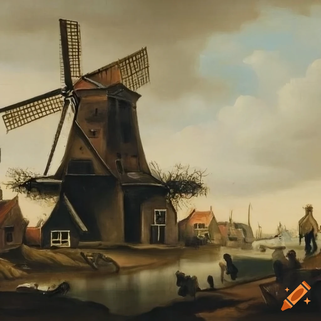 Oil painting of a dutch city with windmills and a river in the 1800s on ...