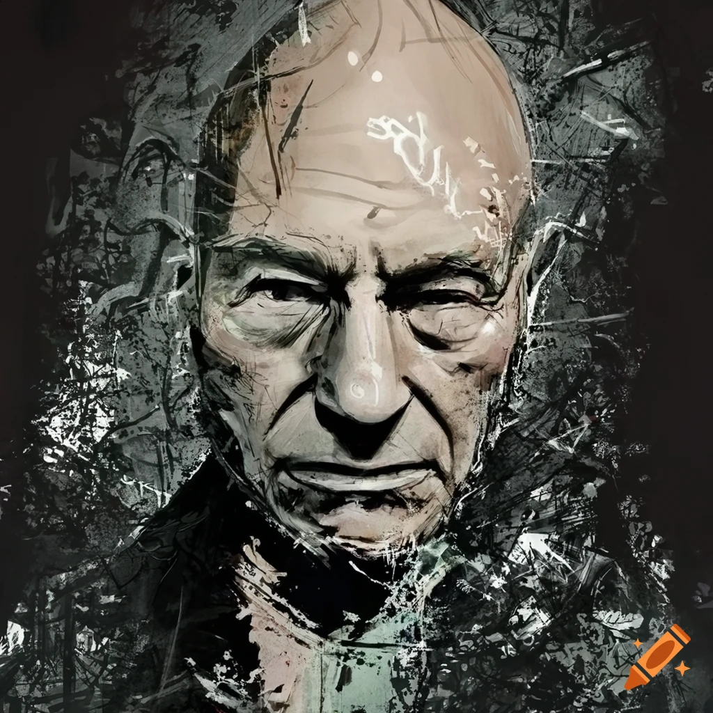 Monochrome splatter art of Patrick Stewart on Craiyon