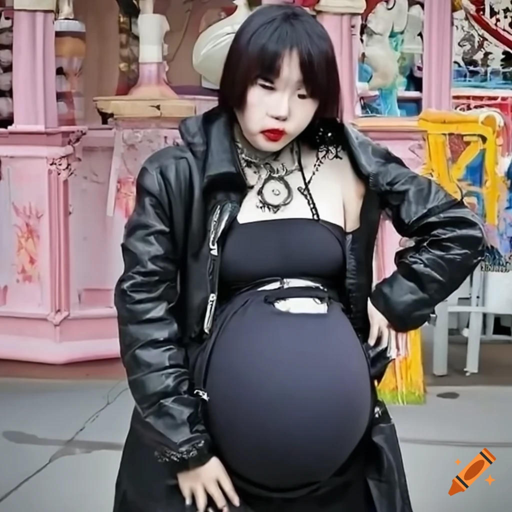 Pregnant Chinese Punk Girl In Black Jacket At A Theme Park On Craiyon