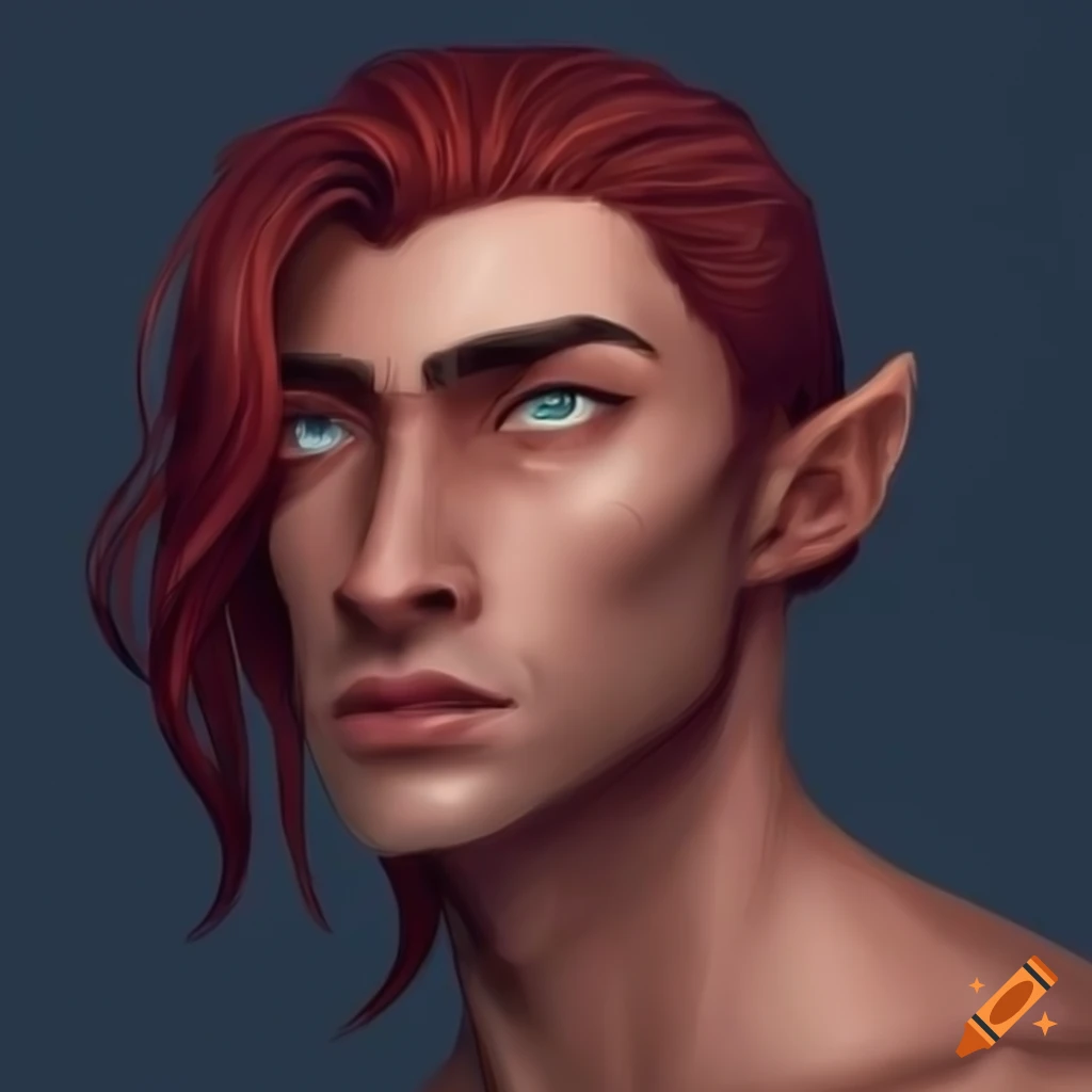 Artistic portrayal of a maroon-haired humanoid man