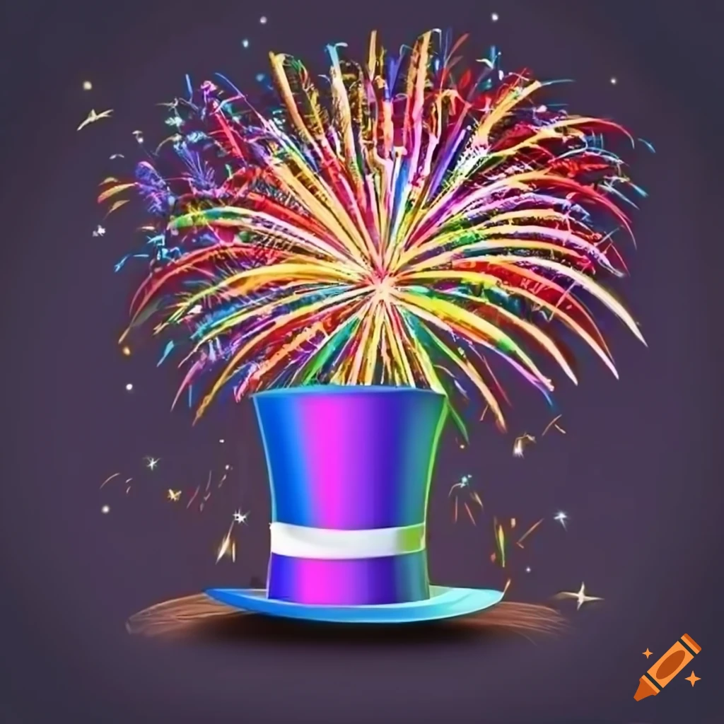 Cartoon rendering of fireworks from a magician's hat