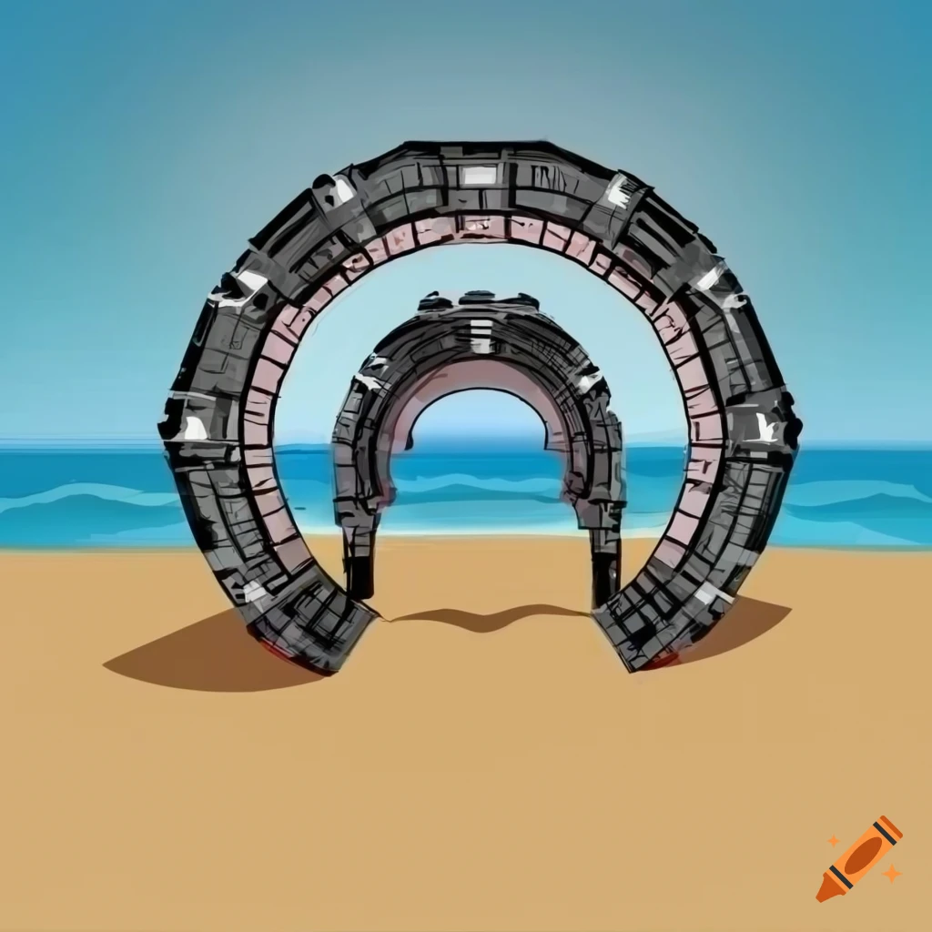 A green colored stargate standing in the middle of a beach with a ...