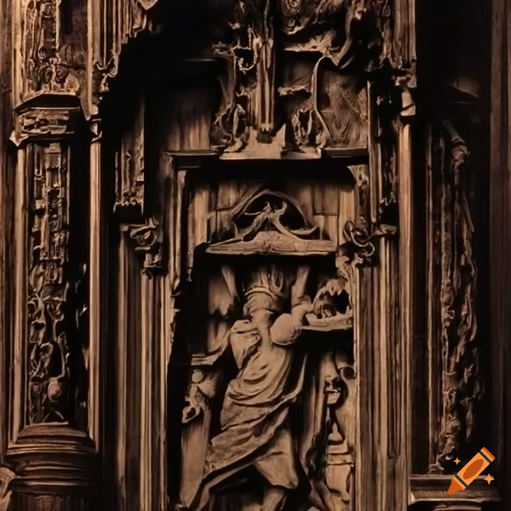 Detailed architectural stave carving artwork