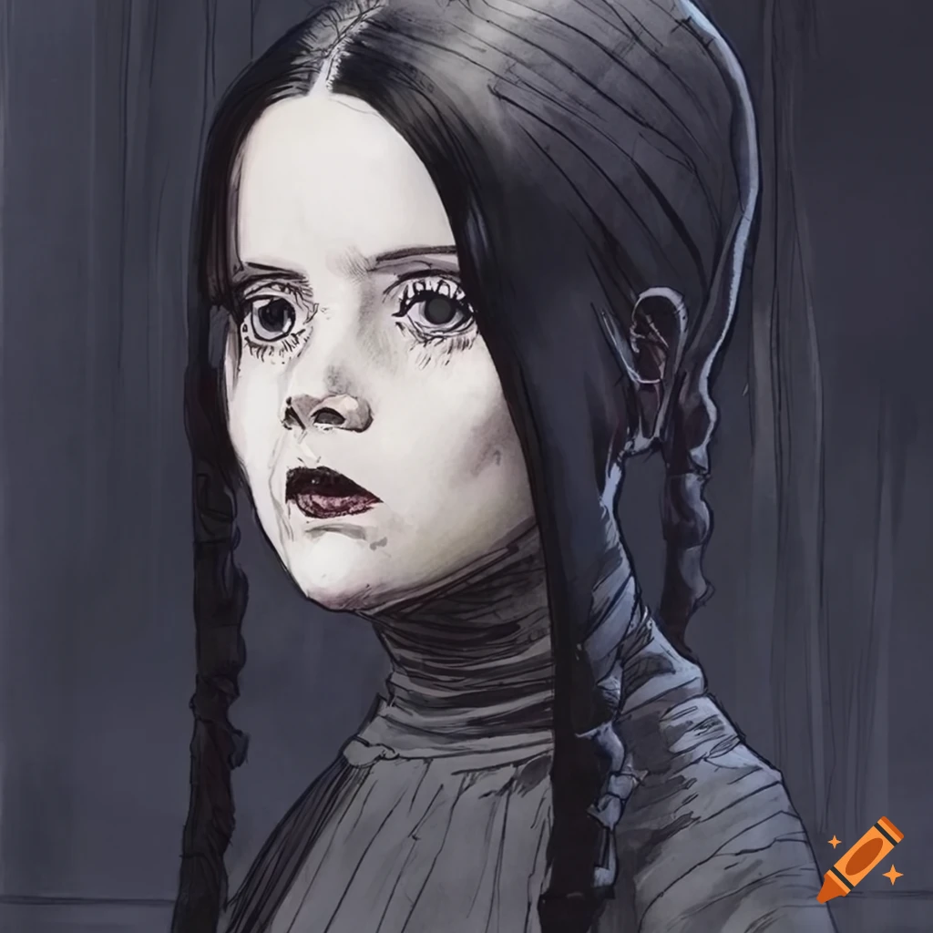 Draw of wednesday addams family for colouring, pb on Craiyon