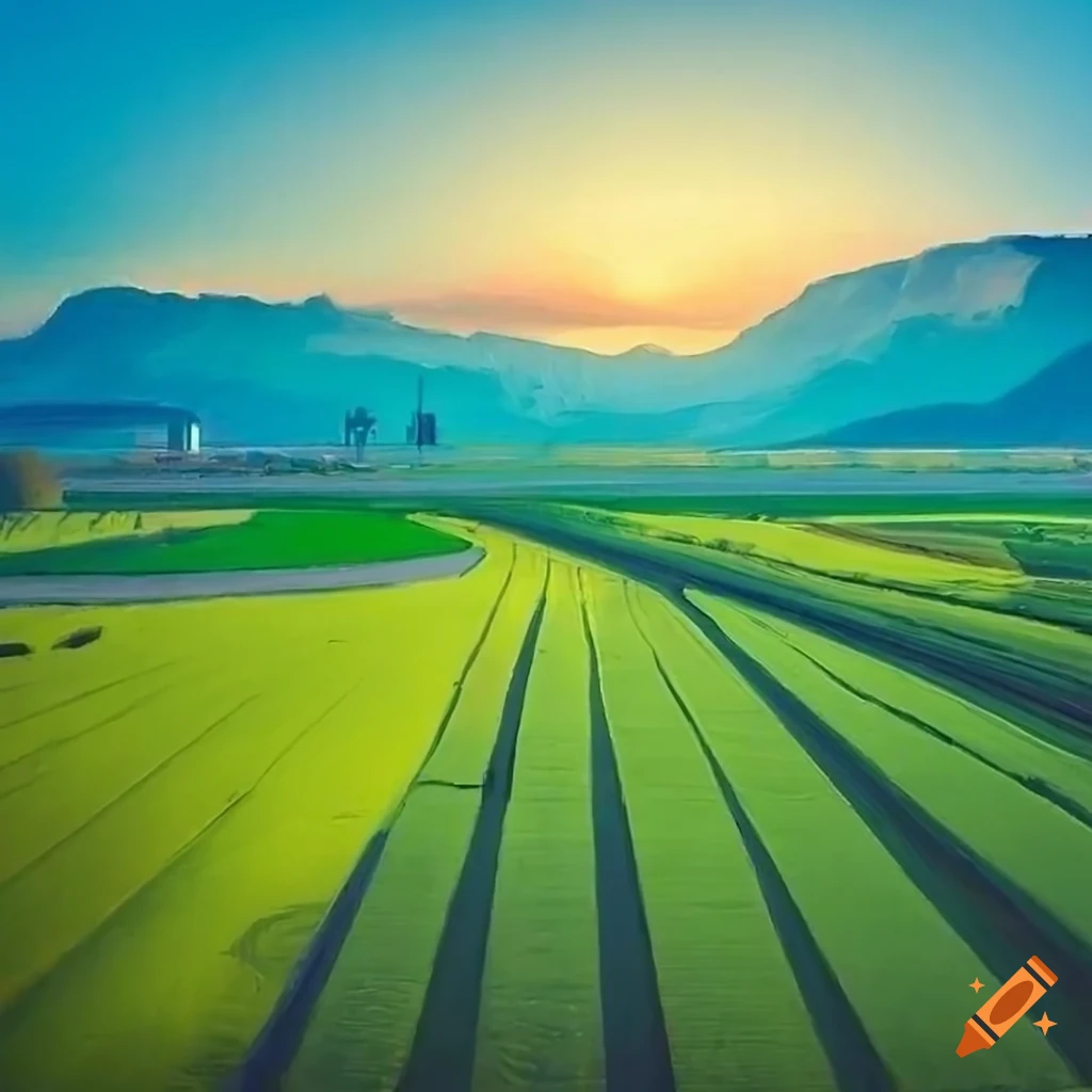 Vibrant socialist realism landscape poster with a farm at noon on Craiyon