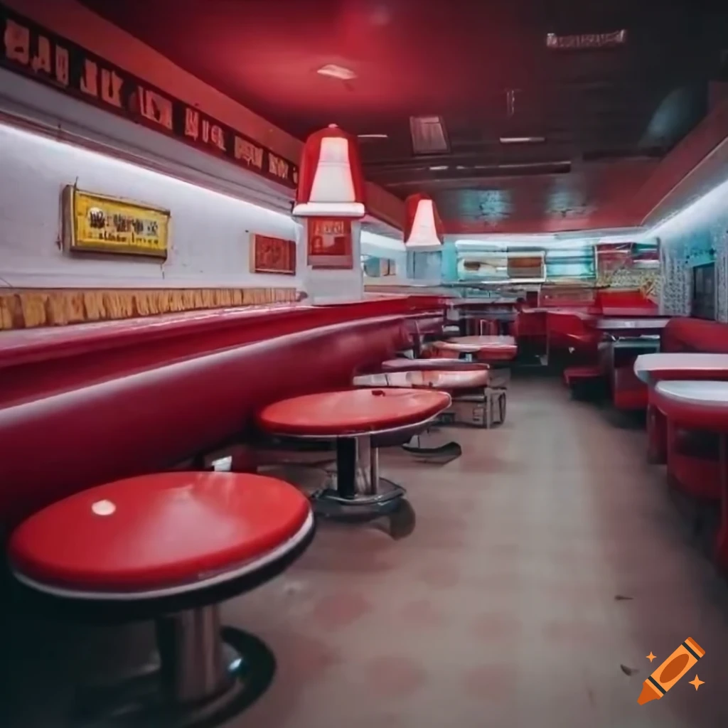 Eerie night photograph of a liminal diner interior on Craiyon