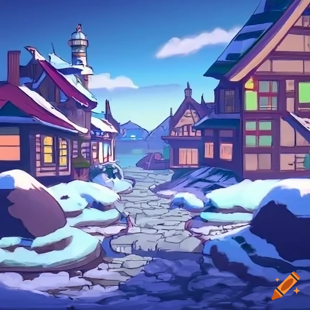 Cozy snow-covered mountain town in pokemon anime style