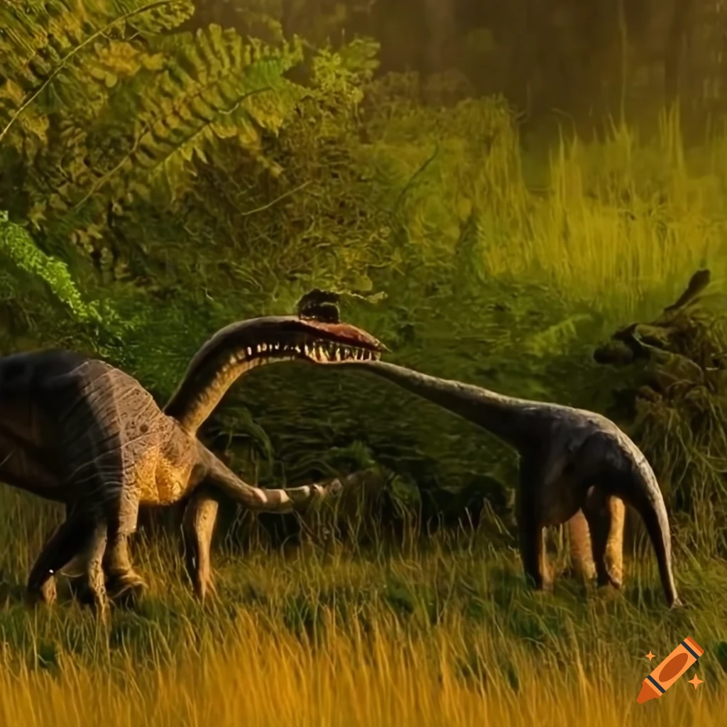 Beautiful dinosaurs in a marshland under warm morning light on Craiyon