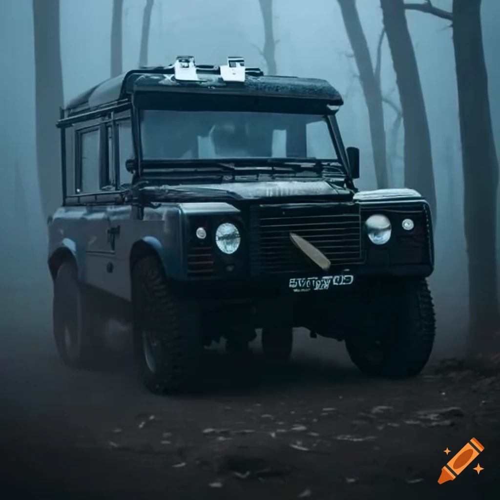 Land rover defender kamel trophy classic rally car in the forest