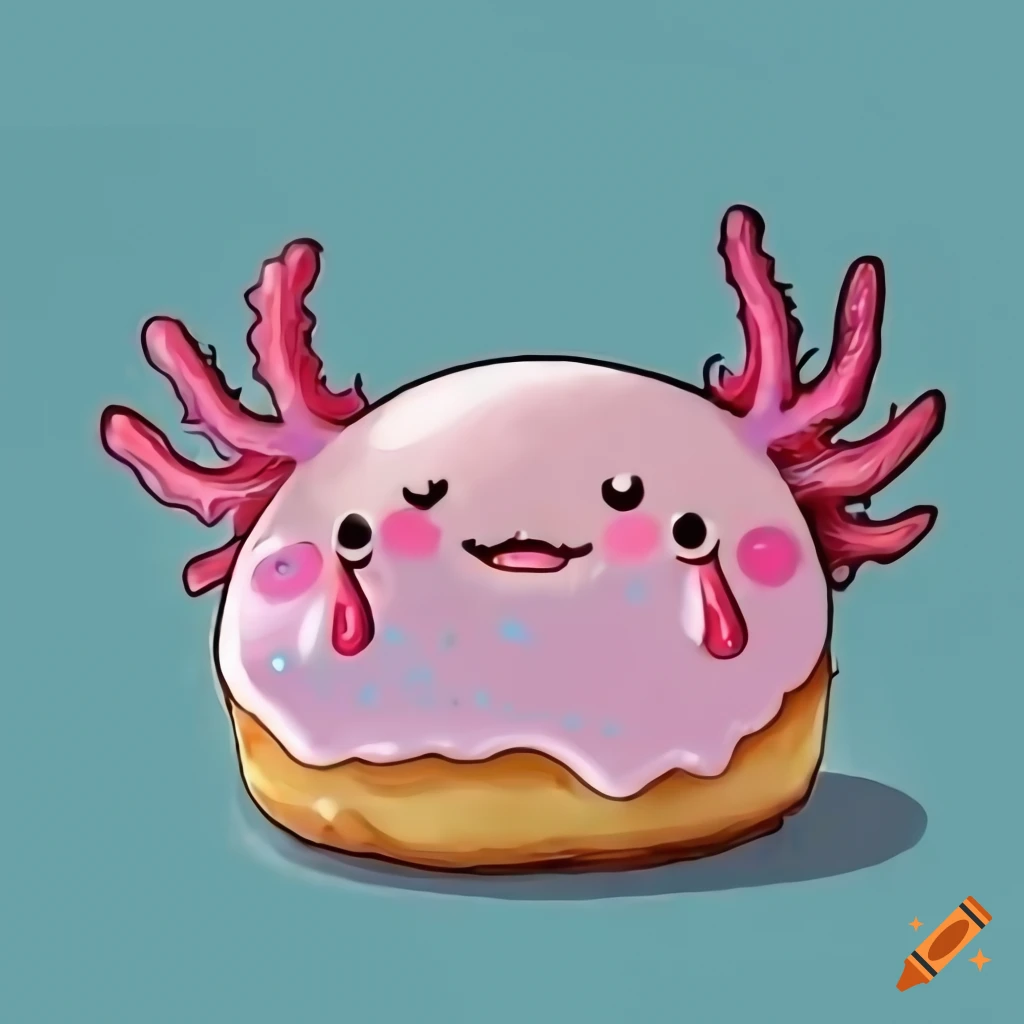 Crying axolotl transforming into a pink donut on Craiyon