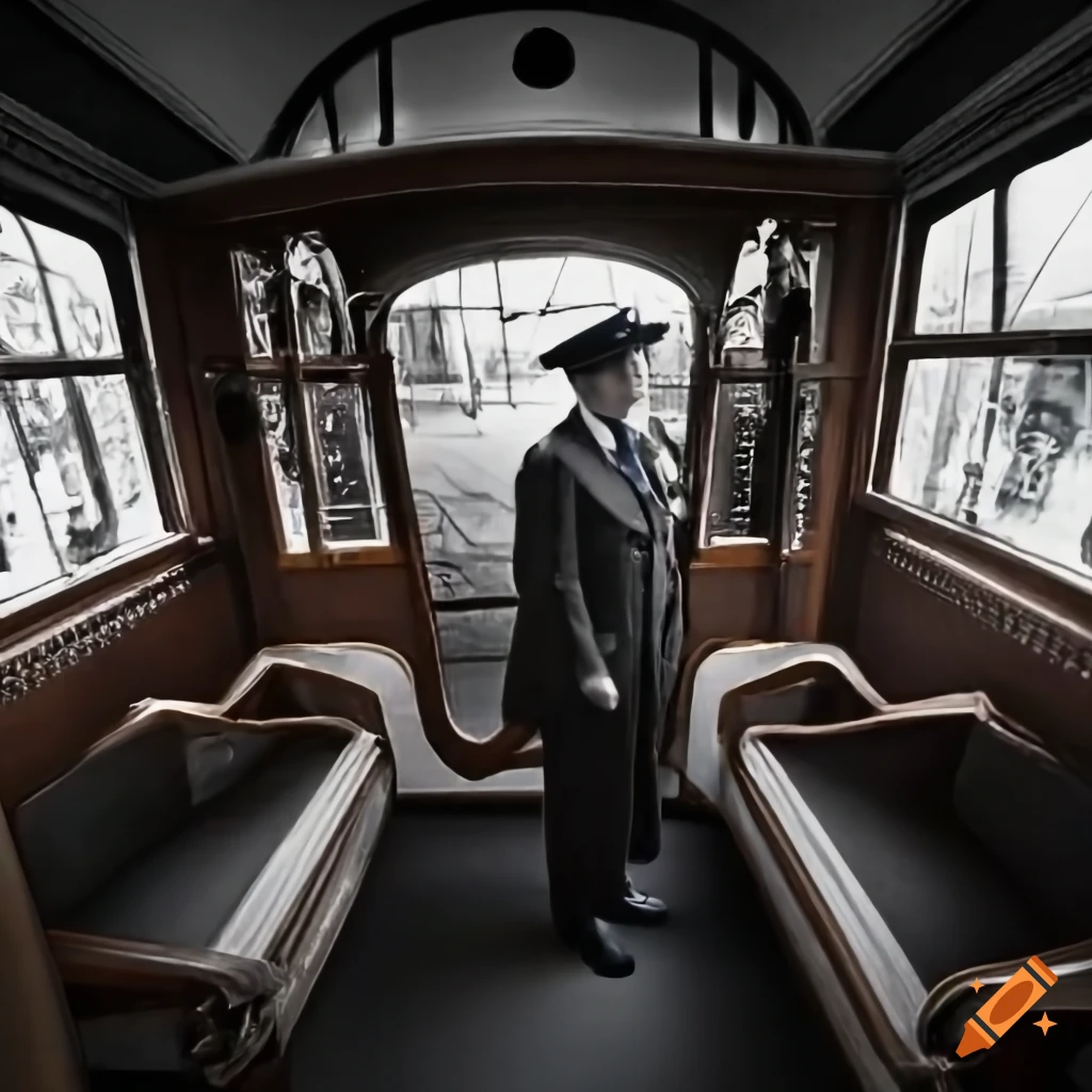 Realistic fisheye shot of a tram conductor from the 1940s on Craiyon