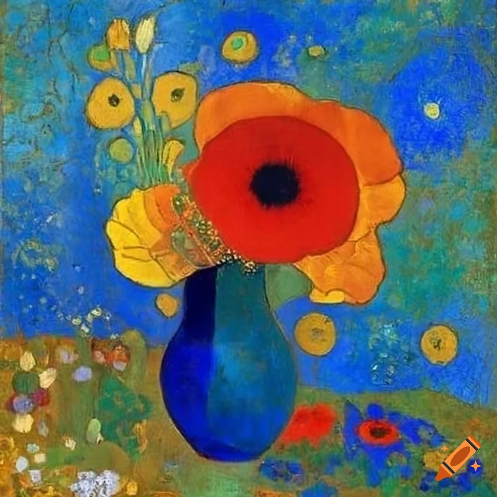 Abstract artwork of blue, orange, and yellow poppies in a garden on Craiyon
