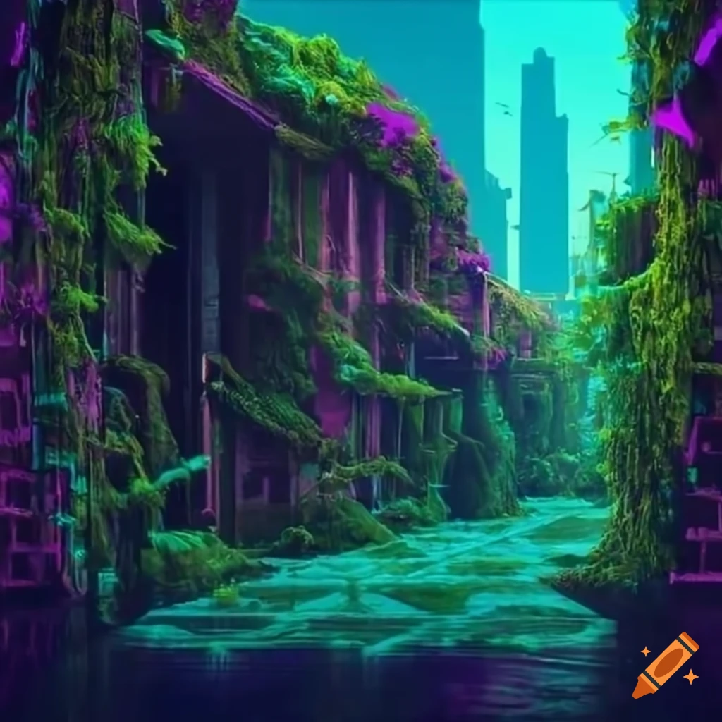 Synthwave city consumed by nature on Craiyon
