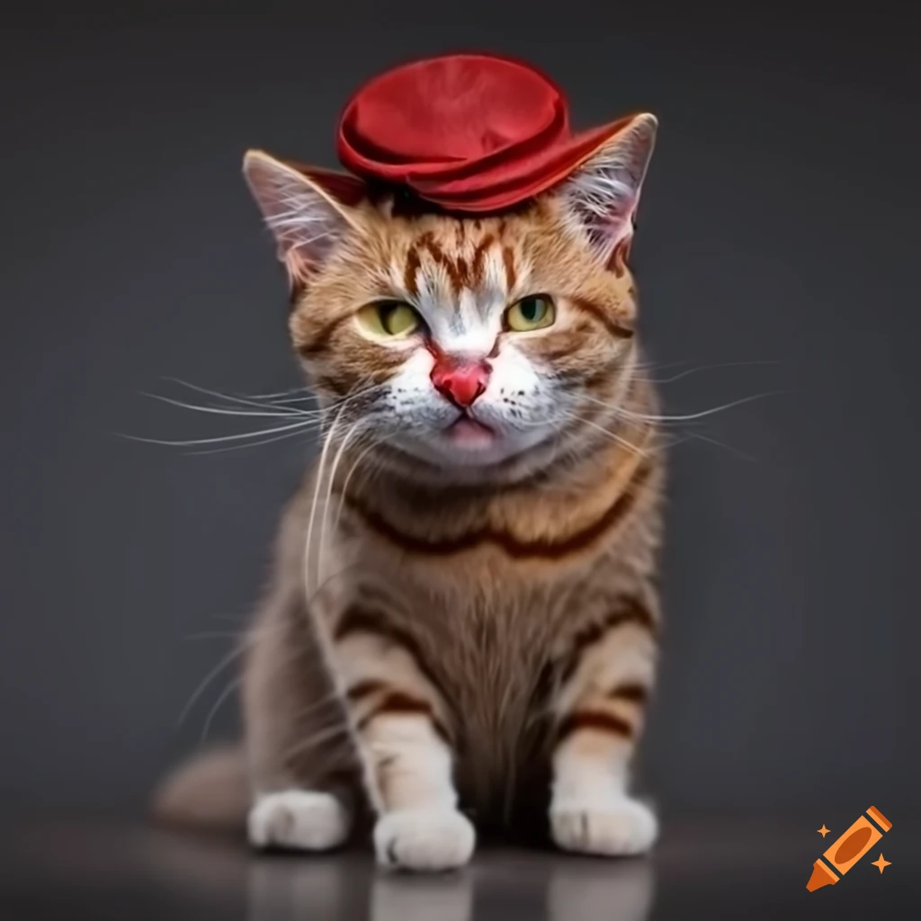 Cat wearing a red clown nose in front of a circus backdrop on Craiyon