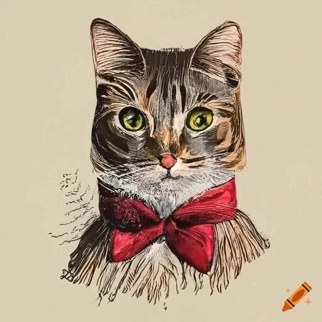 Victorian style etching of a christmas cat