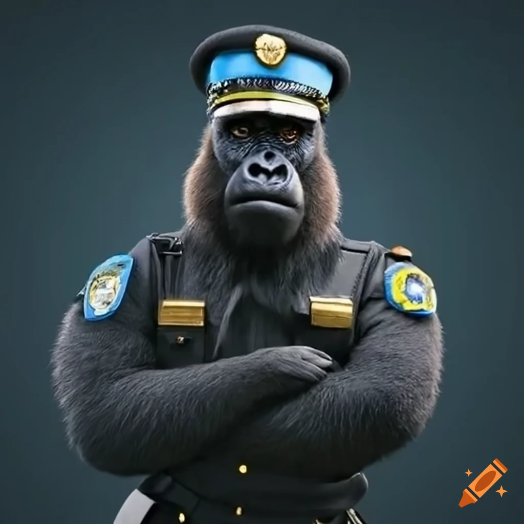 Funny gorilla in police uniform using a computer