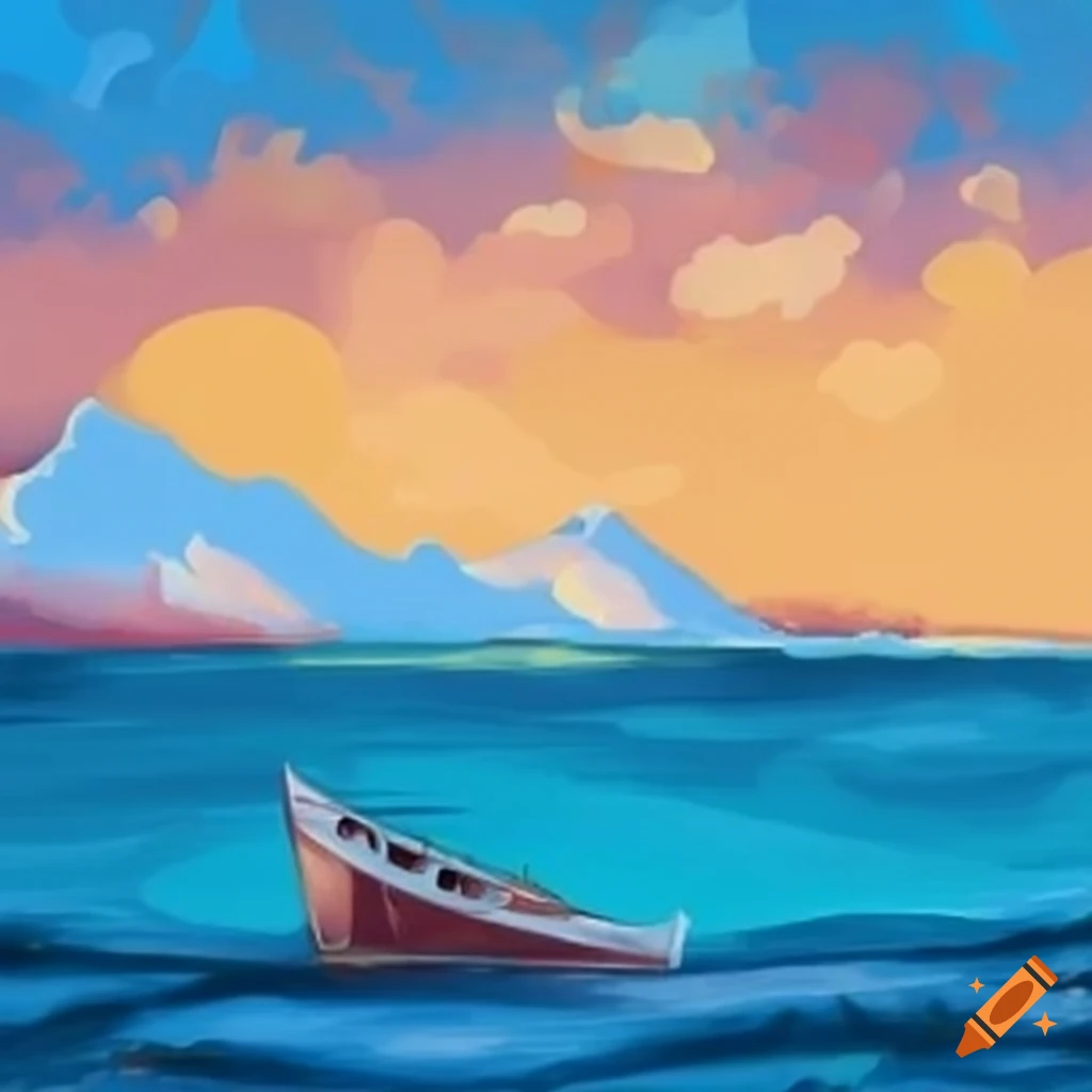 Cartoon sea landscape with a boat on Craiyon